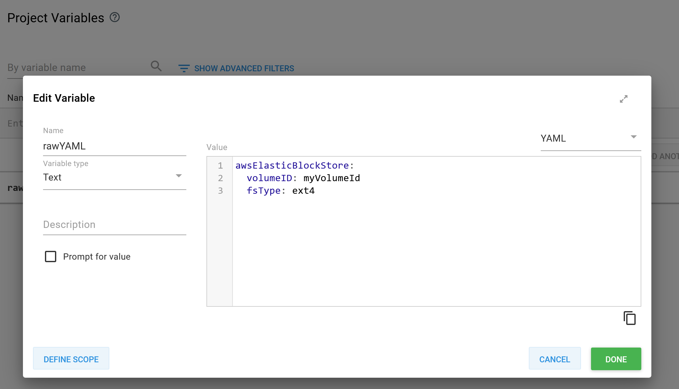 Bound Variable In Raw Yaml Volume Type Not Parsed When Saving Kubernetes Step · Issue 6099 