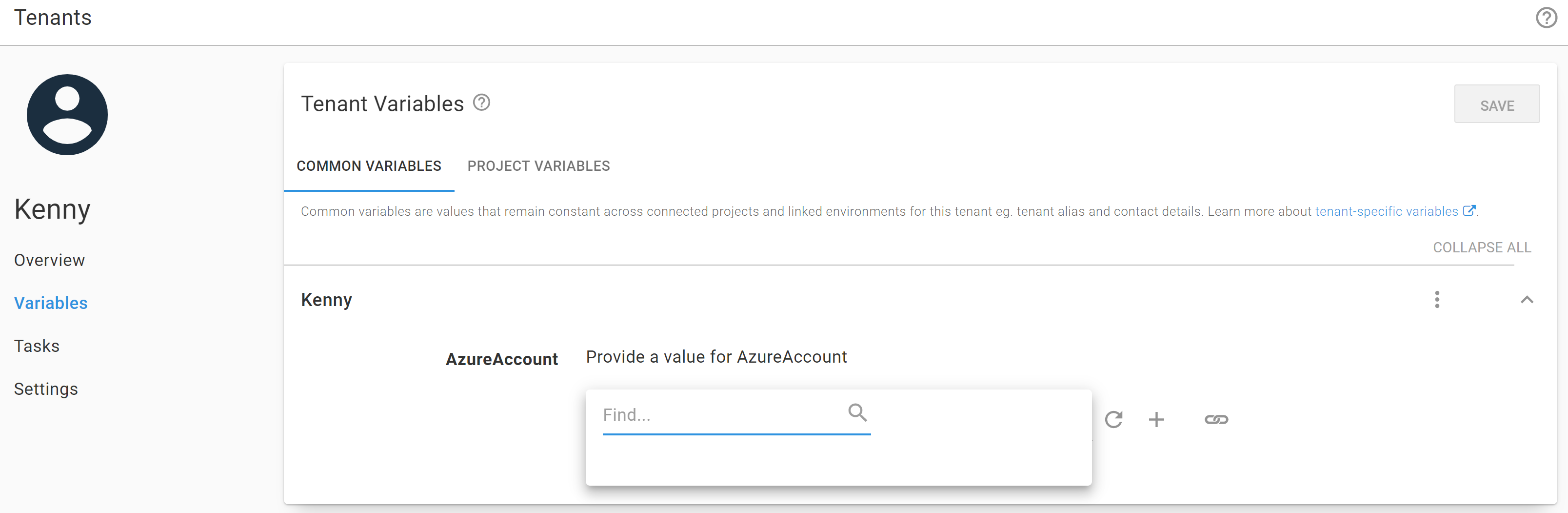 Tenant scoped account doesn't automatically populate in tenant's common variable dropdown ...