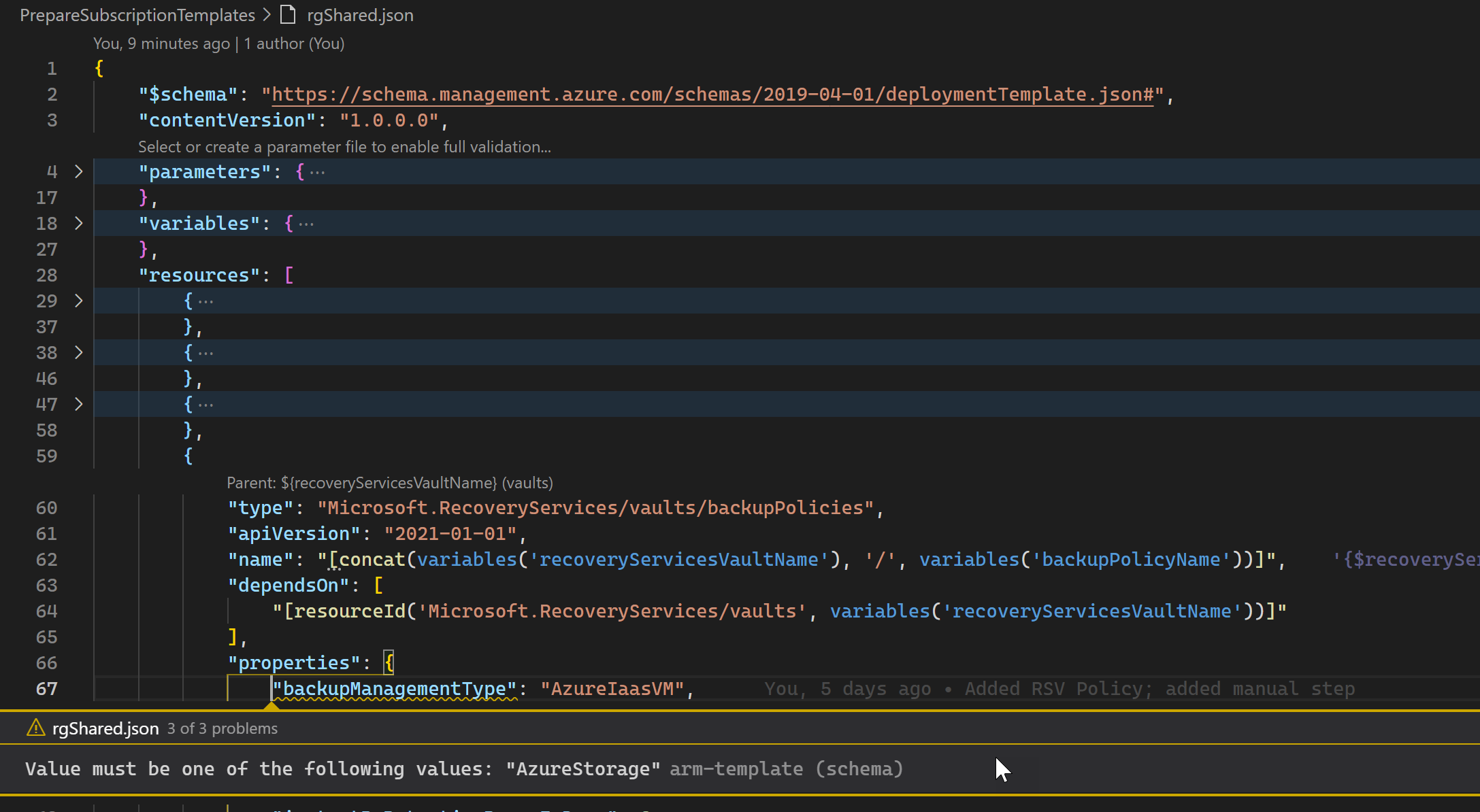 Microsoft.RecoveryServices/vaults/backupPolicies@2021-01-01 | Missing property values for ...