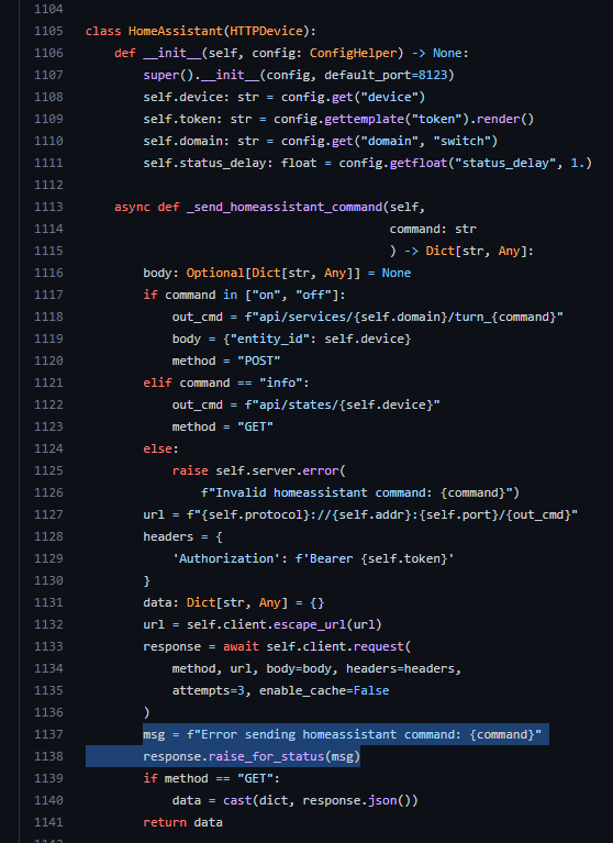 'Error sending homeassistant command: info' when everything is correct ...