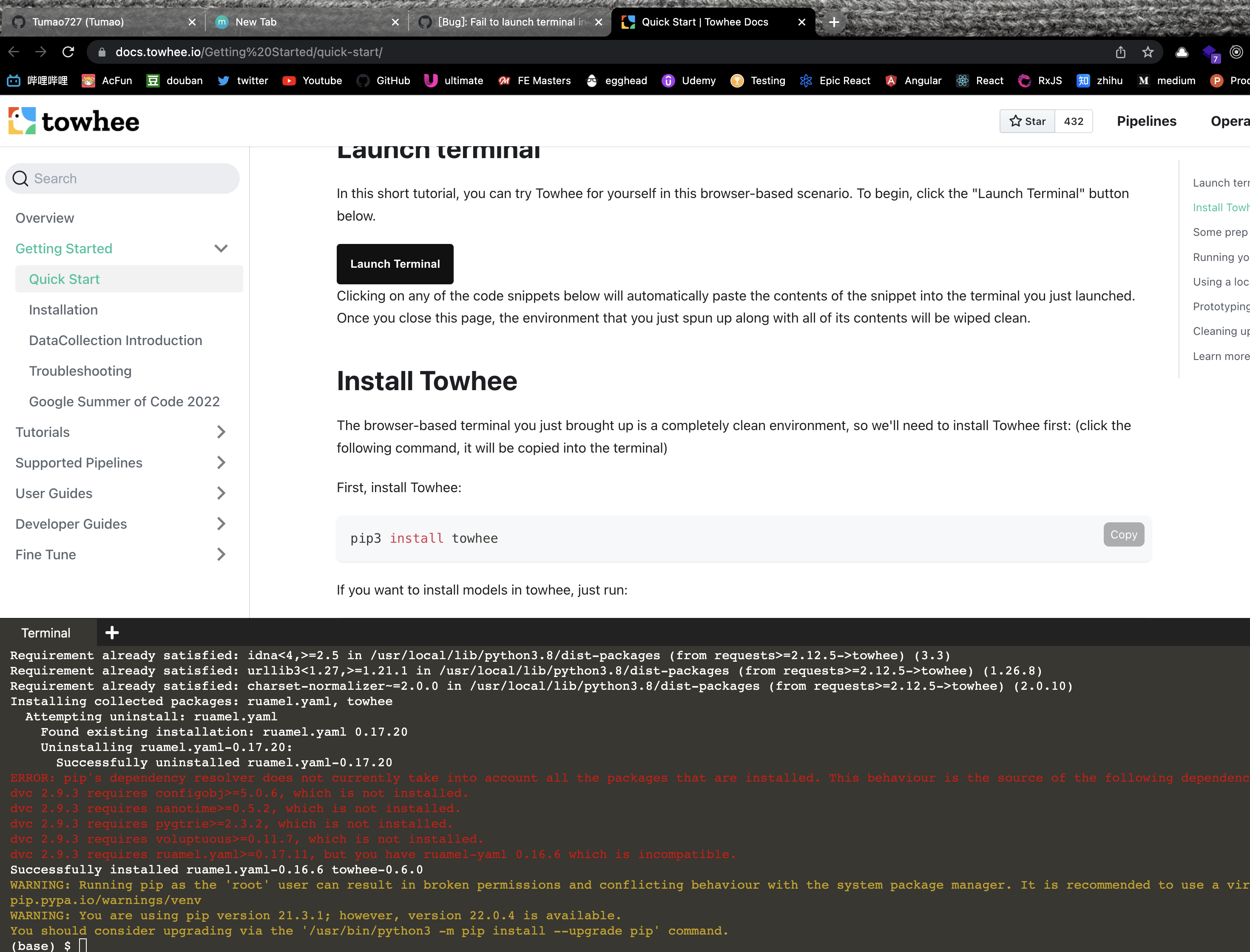 [Bug]: Fail to launch terminal in Quick Start · Issue #1177 · towhee-io/towhee · GitHub