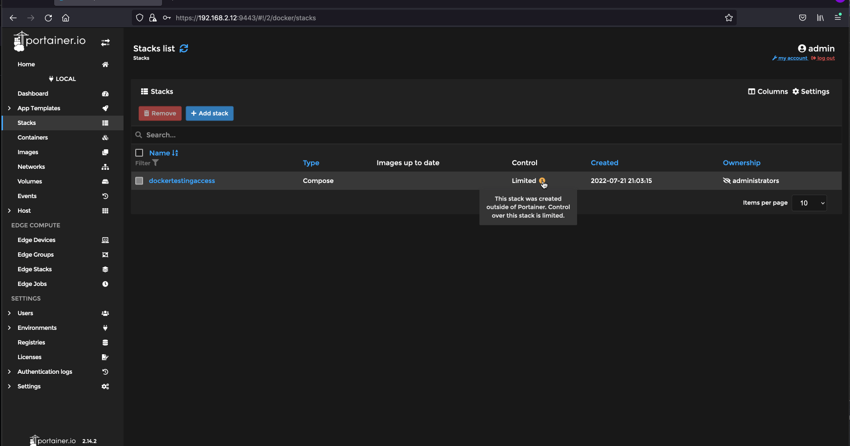 Cant delete a Stack created by Portainer · Issue #7369 · portainer/portainer · GitHub