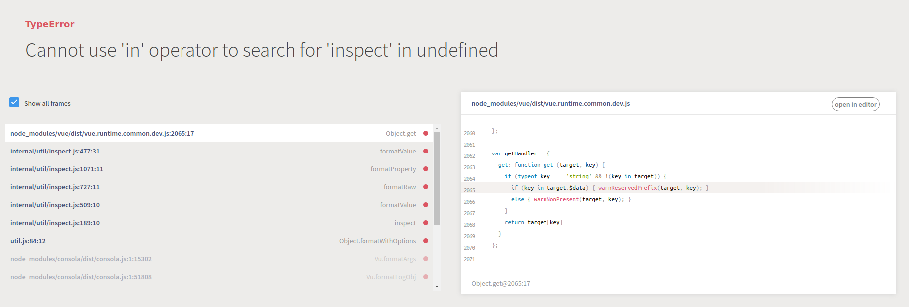 fix: "Cannot use 'in' operator to search for 'inspect' in undefined" thrown when calling ...