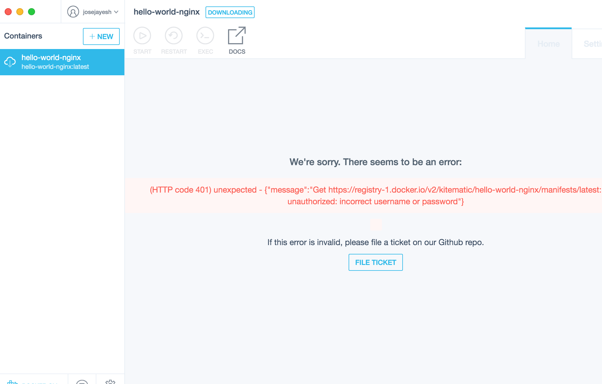 (HTTP code 401) unexpected - {"message":"Get https://registry-1.docker.io/v2/kitematic/hello ...