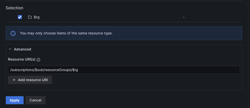 Dashboards: Azure Monitor Traces resource picker does not let me input custom path with ...