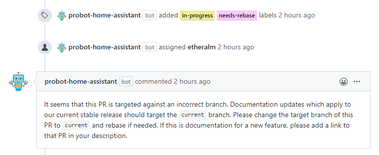 Message About Pr With Incorrect Target Branch · Issue 50 · Home Assistant Probot Home Assistant