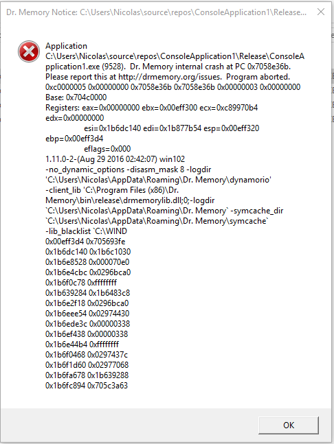 Dr. Memory internal crash · Issue #2078 · DynamoRIO/drmemory · GitHub