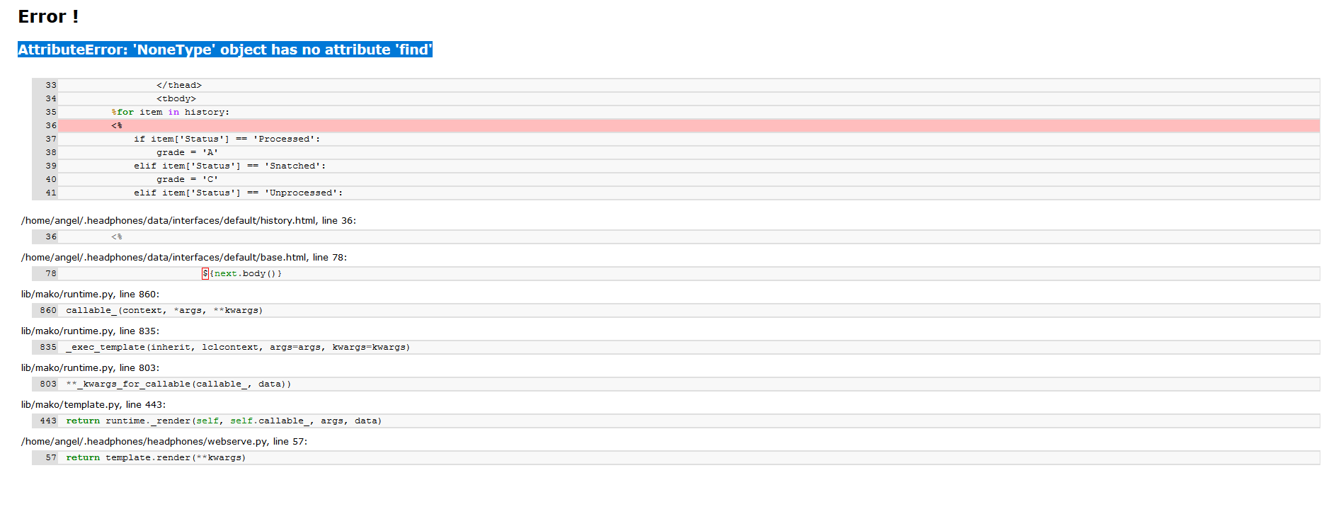 AttributeError: 'NoneType' object has no attribute 'find' When attempting to view history ...