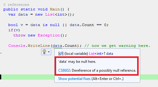 C#: 'Introduce local' refactoring causes CS8602 warning. · Issue #57360 · dotnet/roslyn · GitHub