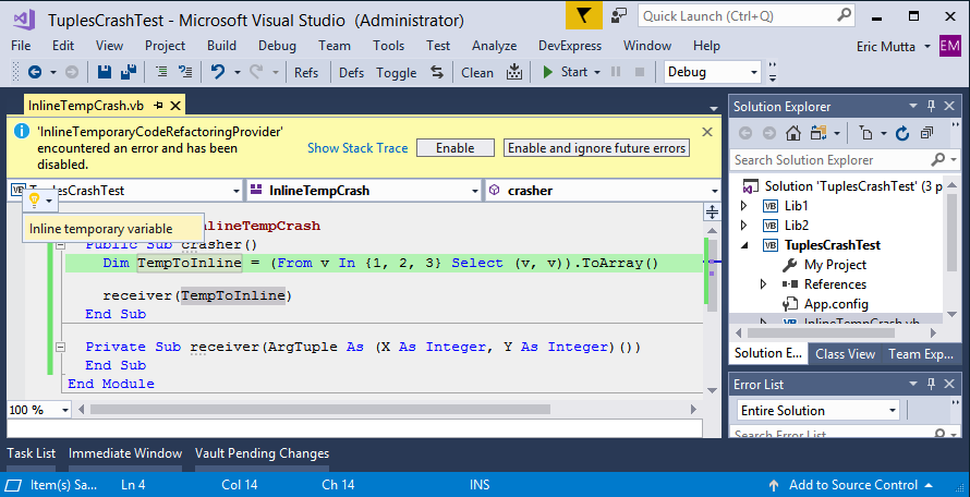 Vb Multiple Providers Crash When Dealing With Variablesexpressions Typed As An Array Of Tuples