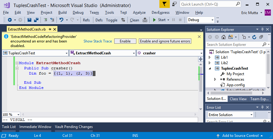 VB: Multiple providers crash when dealing with variables/expressions typed as an array of tuples ...