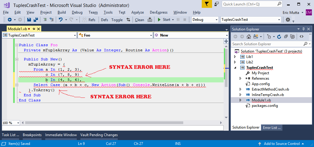 VB: Multiple providers crash when dealing with variables/expressions typed as an array of tuples ...