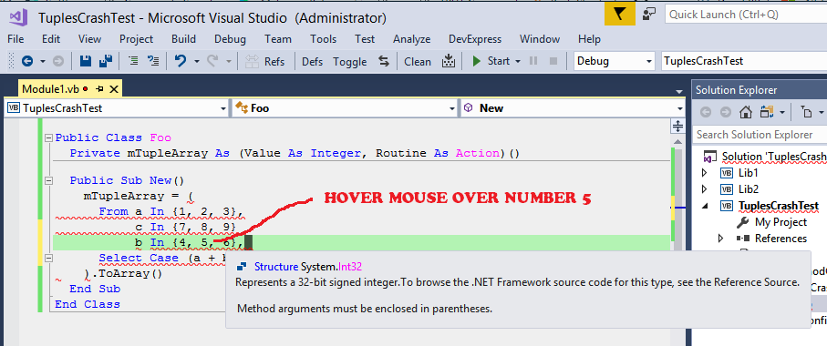VB: Multiple providers crash when dealing with variables/expressions typed as an array of tuples ...