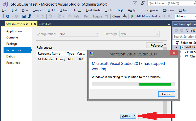 VB: IDE crashes when trying to add reference within a .NET Standard ...