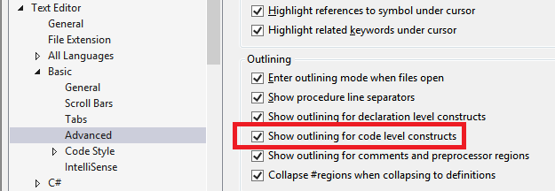 VB: Changing "Show outlining for code level constructs" doesn't work properly when files are ...