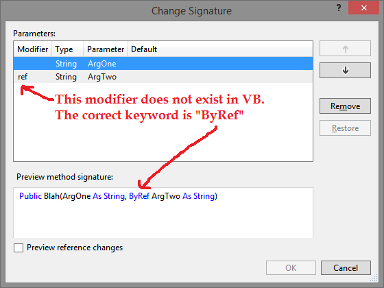 VB: "Change signature" refactoring dialog should show modifiers in VB syntax. · Issue #30296 ...