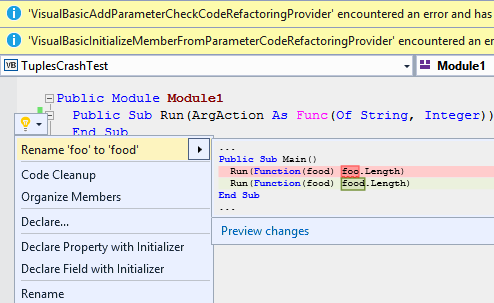 VB: Multiple refactoring providers crash when invoking rename refactoring on lambda parameter ...