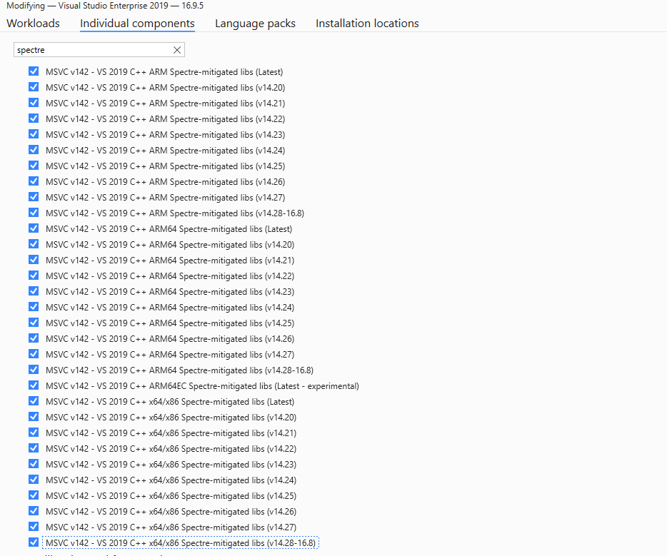Getting MSB8040: Spectre-mitigated libraries are required for this project, but I have installed ...