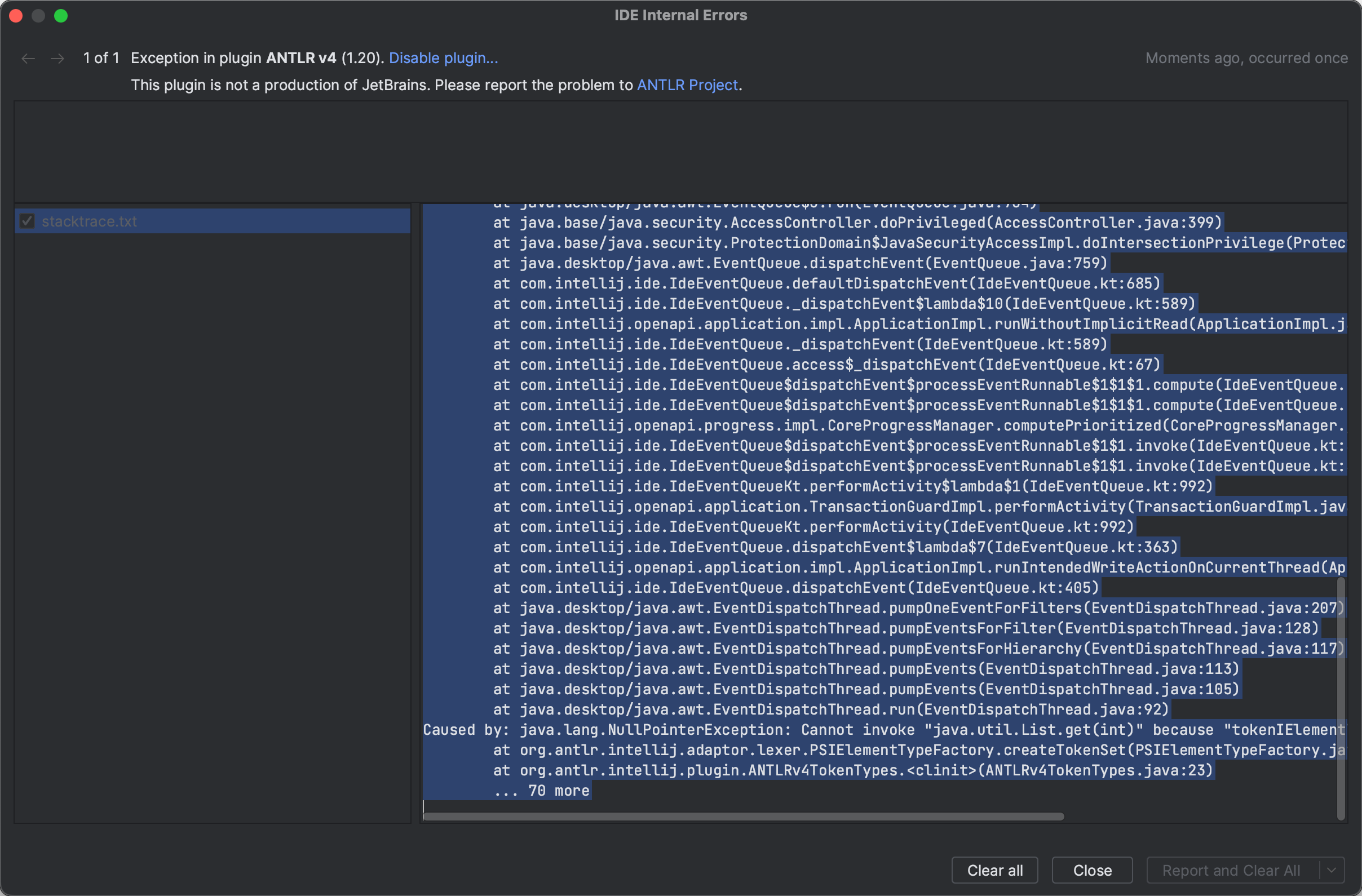 Got Javalangexceptionininitializererror When I Enabled The Antlr Plugin And Restart Idea