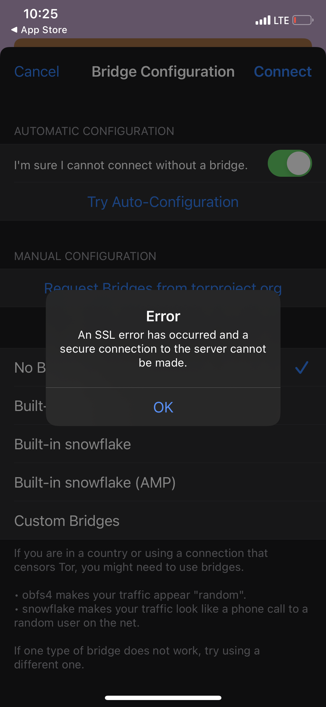 Cannot connect with either without a bridge. Error: An SSL error has occurred and a secure ...