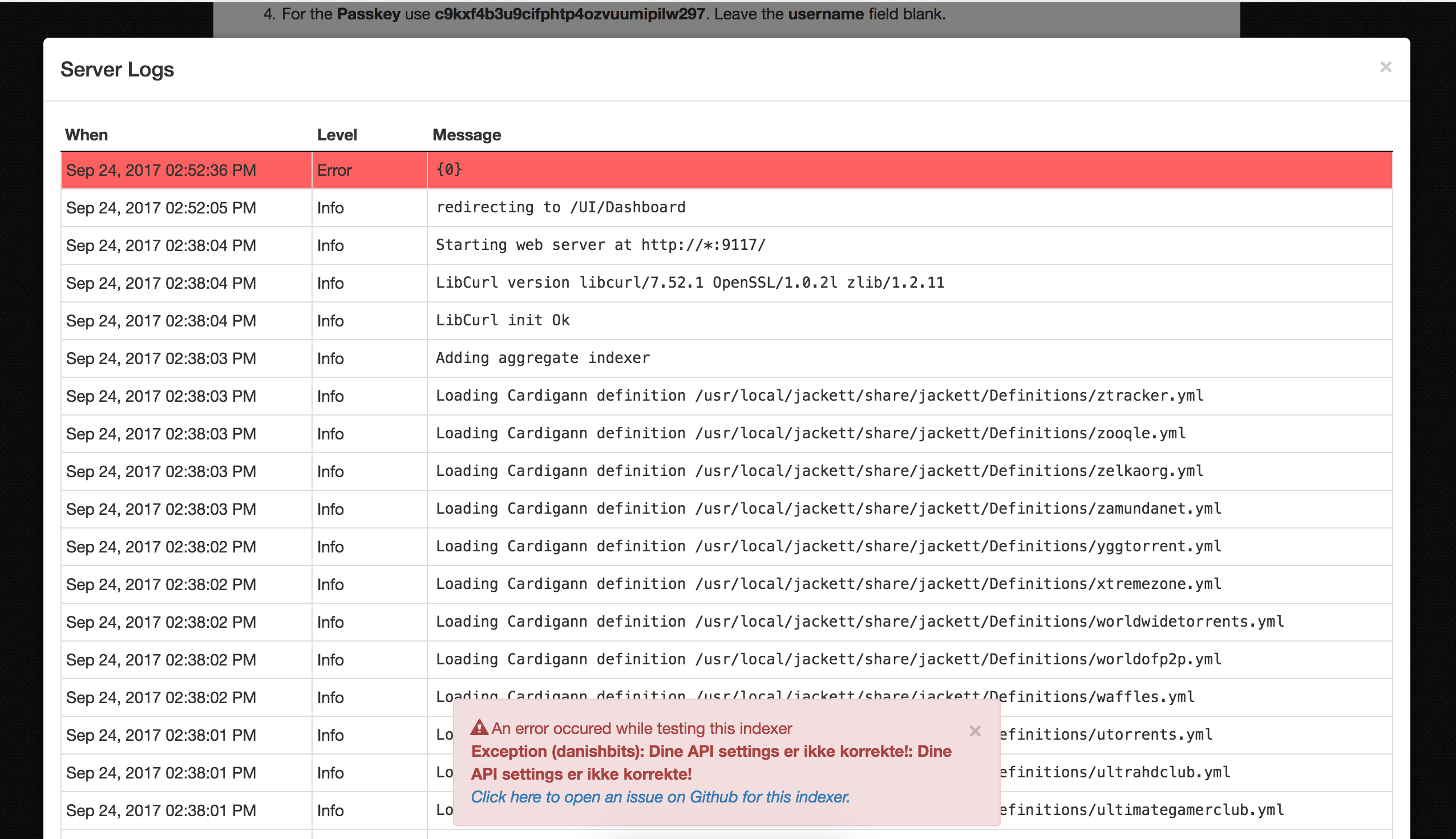 [danishbits] Exception (danishbits): Dine API settings er ikke korrekte!: Dine API settings er ...
