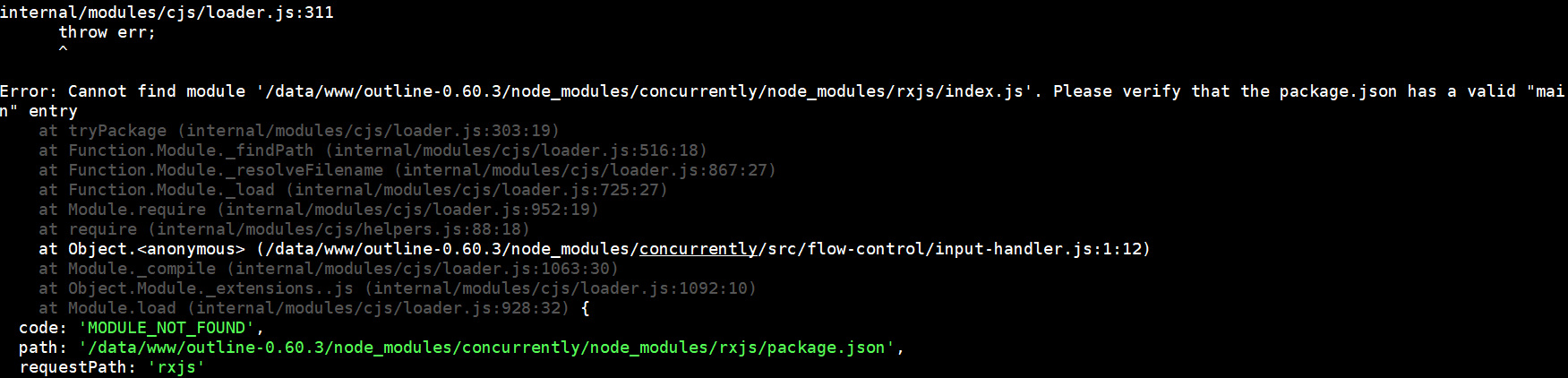 Please verify that the package.json has a valid "main" entry For rxjs · Issue #2832 · outline ...