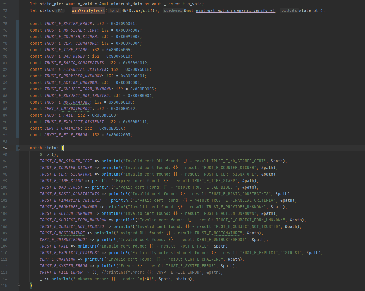 WinVerifyTrust API response type response constants don't have right ...