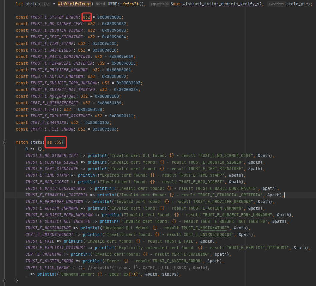 WinVerifyTrust API response type response constants don't have right type in rust · Issue #1458 ...