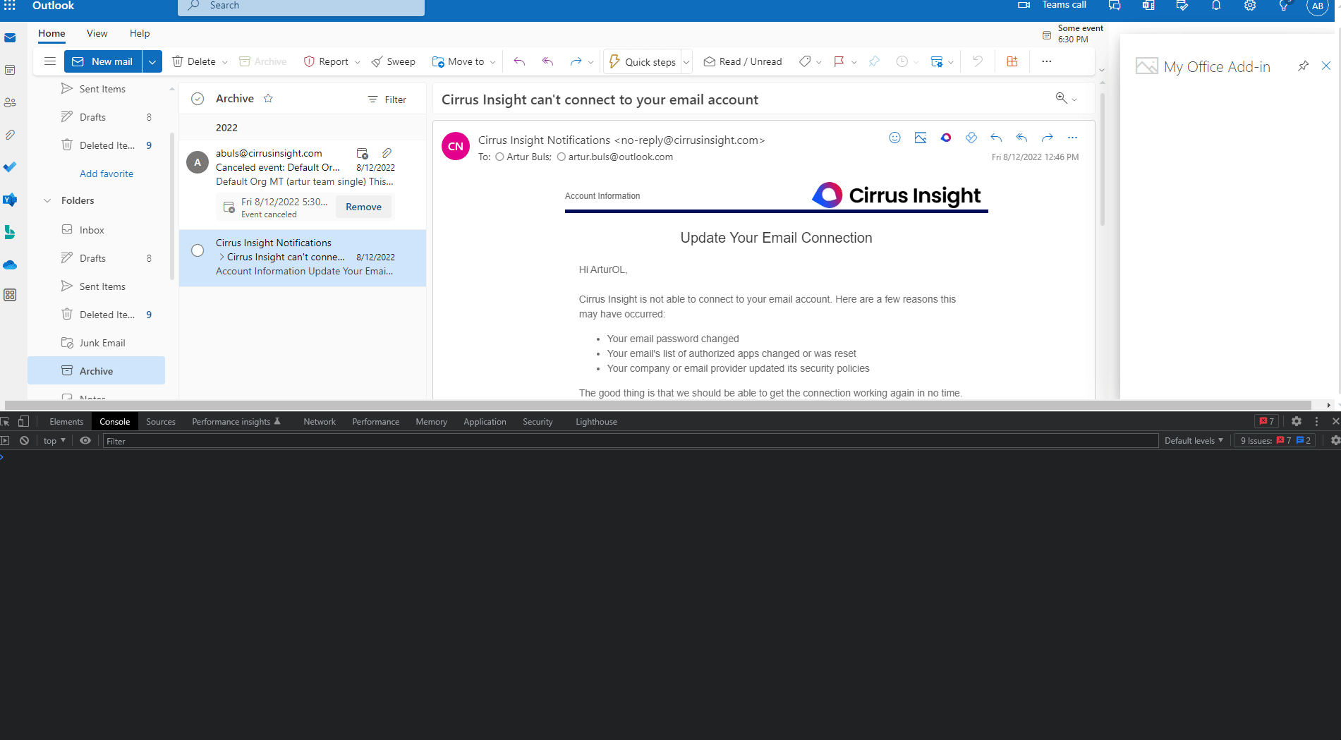 Current Outlook Item Is Incorrect When Switching From Invitation To Email When Pinned · Issue