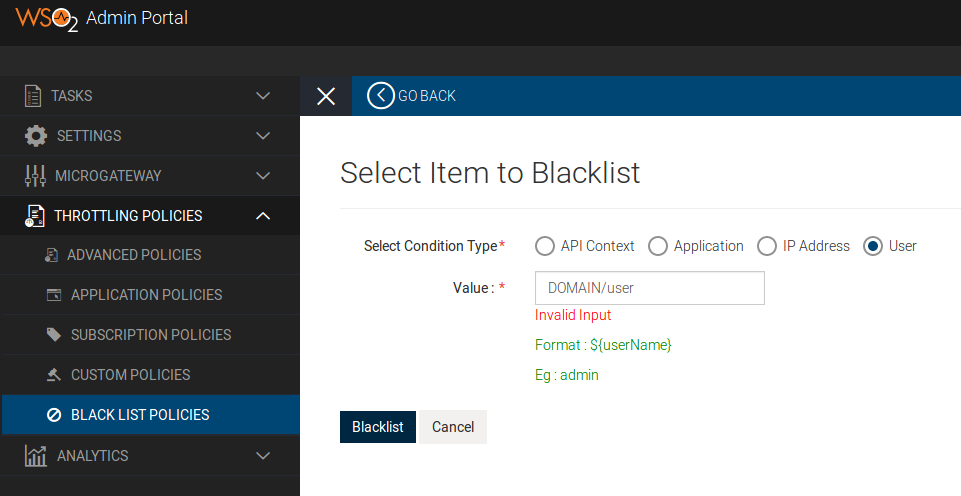 "Invalid input" error message when trying to blacklist a user in admin ...