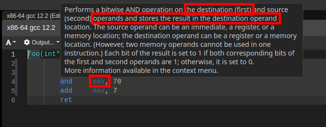 [BUG]: tooltips don't take into account that non-Intel asm syntax and Intel asm syntax code show ...