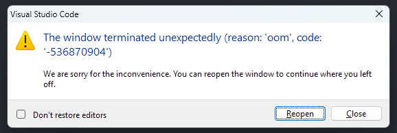 The window terminated unexpectedly · Issue #176215 · microsoft/vscode · GitHub