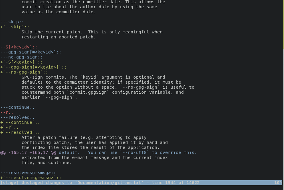 tig diff: lines starting by "--" are not colored correctly · Issue #1099 · jonas/tig · GitHub