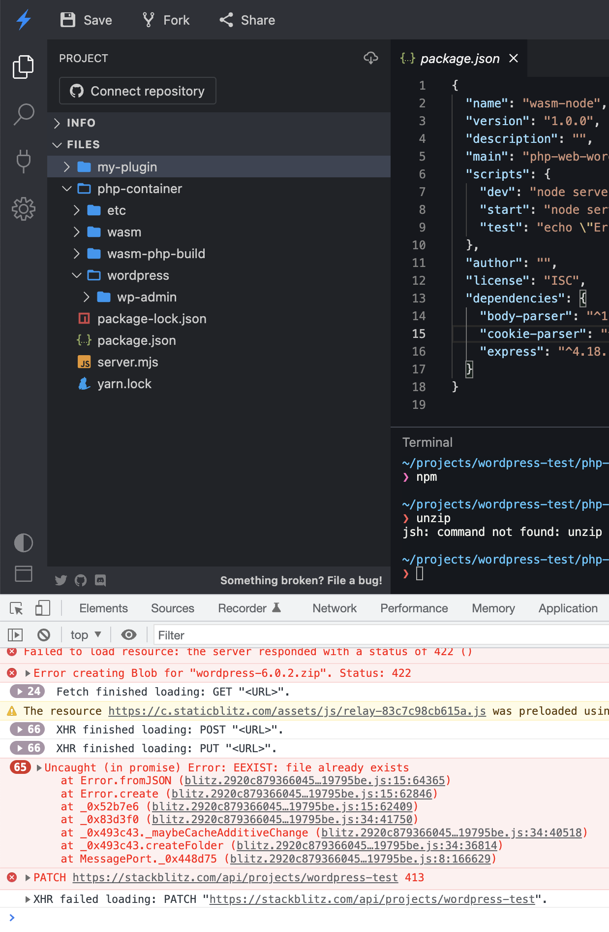 Can't run WordPress – cloning the repository gets stuck on the progress indicator, manually ...