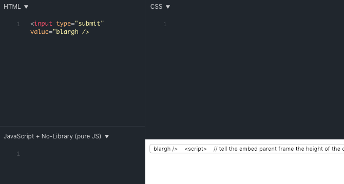 Self closing input tag with missing ending quote will leak JavaScript into Preview window ...