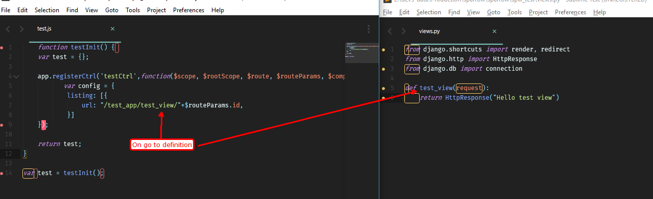 "Go to definition" from JS url (view url) to the Django view · Issue #64169 · microsoft/vscode ...