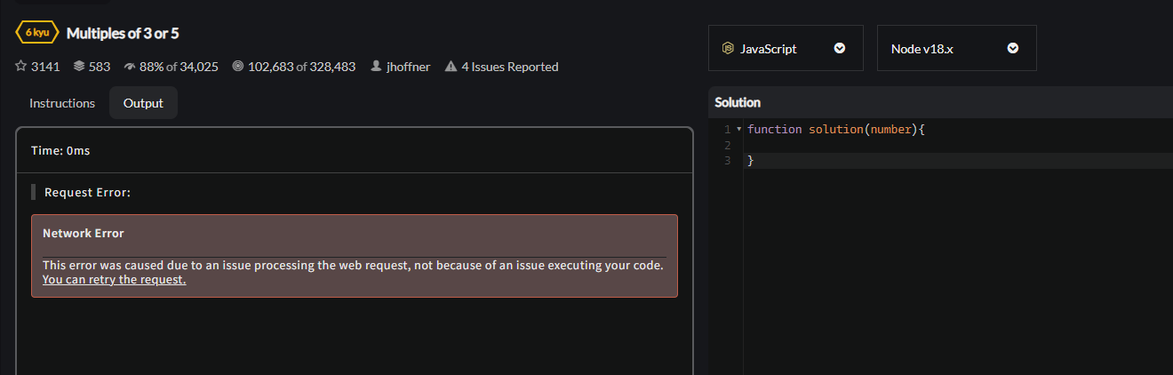 Request Error Network Error · Issue 2976 · Codewars · Github