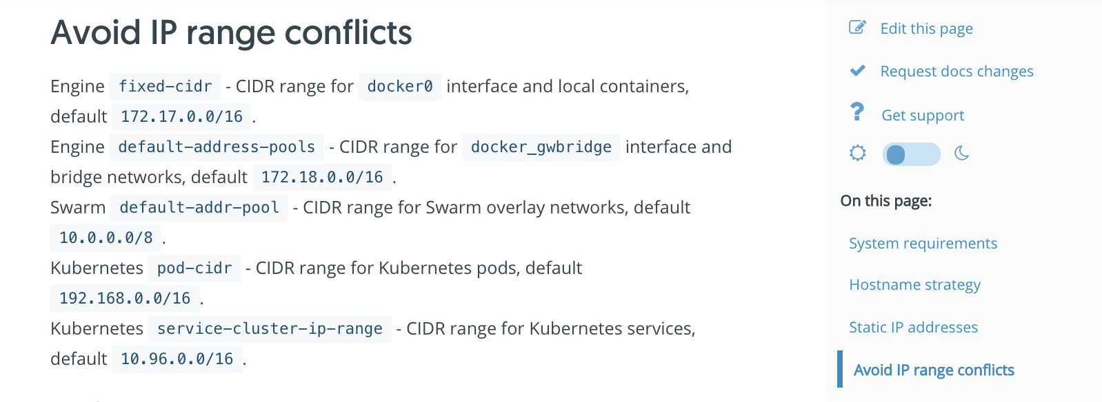 Sidebar link incorrect for Avoid IP Range Conflicts section · Issue #9522 · docker/docs · GitHub