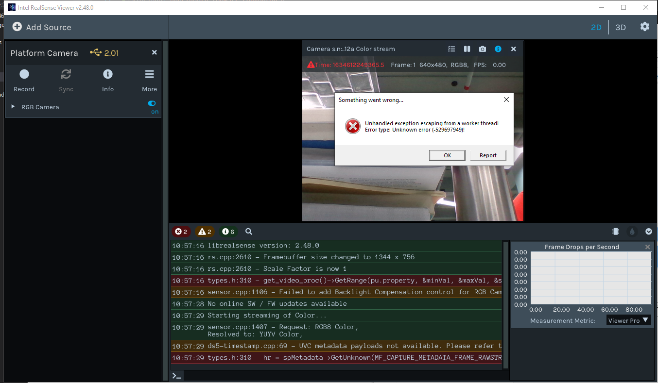 Intel RealSense Viewer crashed when streaming with platform uvc camera ...