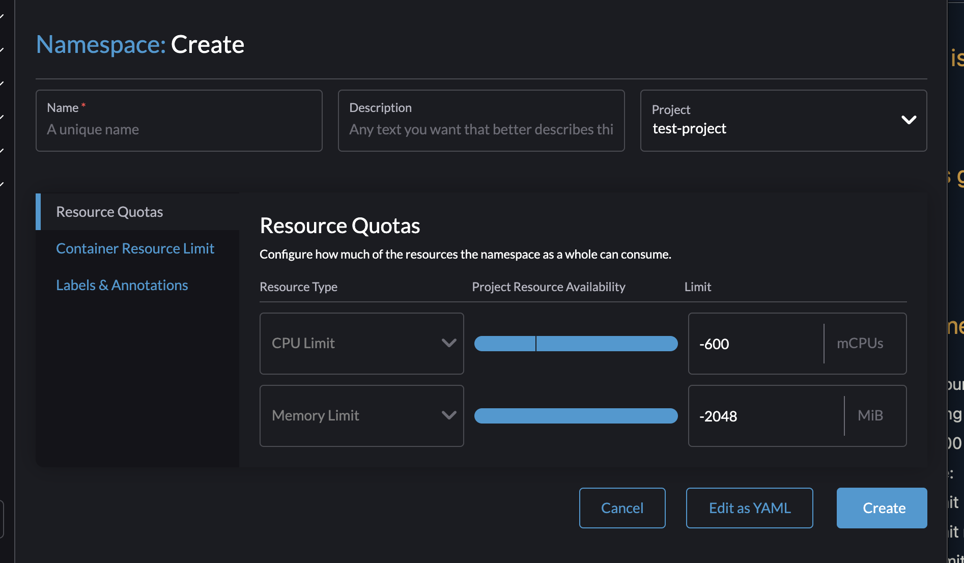Show warnings when user tries to create namespace in a project with no remaining resource ...