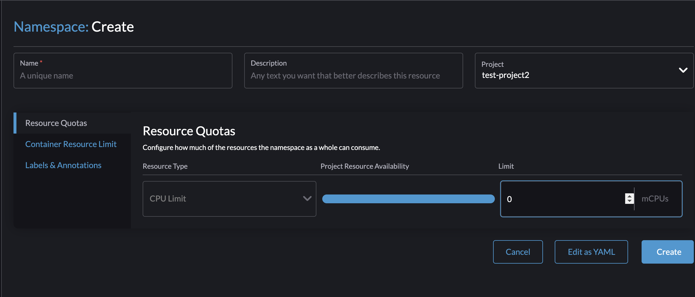 How does the UI calculate the resource quota set for namespaces when a Project quota is enabled ...