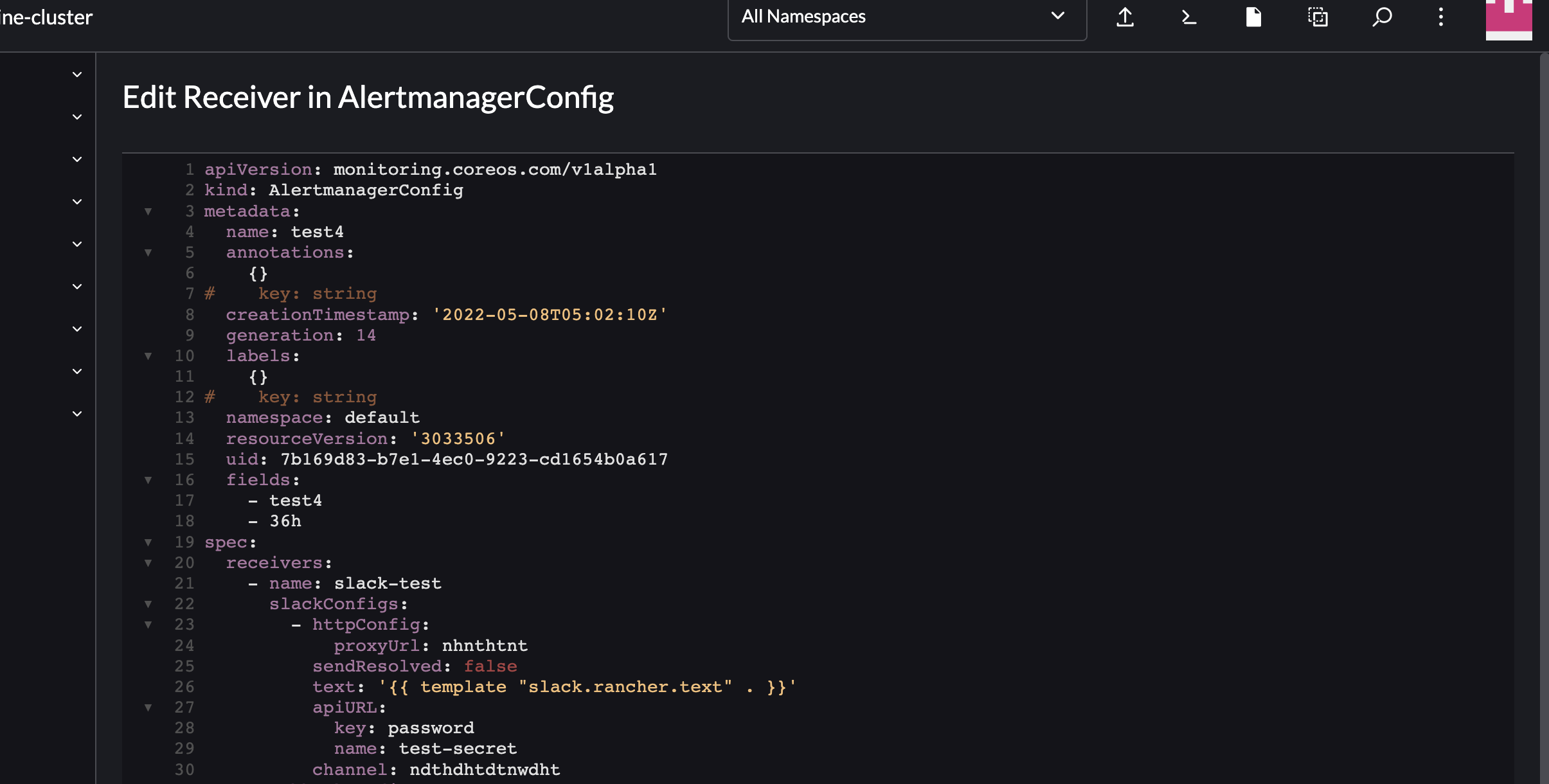 When editing YAML, the header of the page says "Edit Receiver in ...