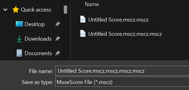 [MU4 Issue] File extension is duplicated in "Save as..." dialog · Issue #10631 · musescore ...