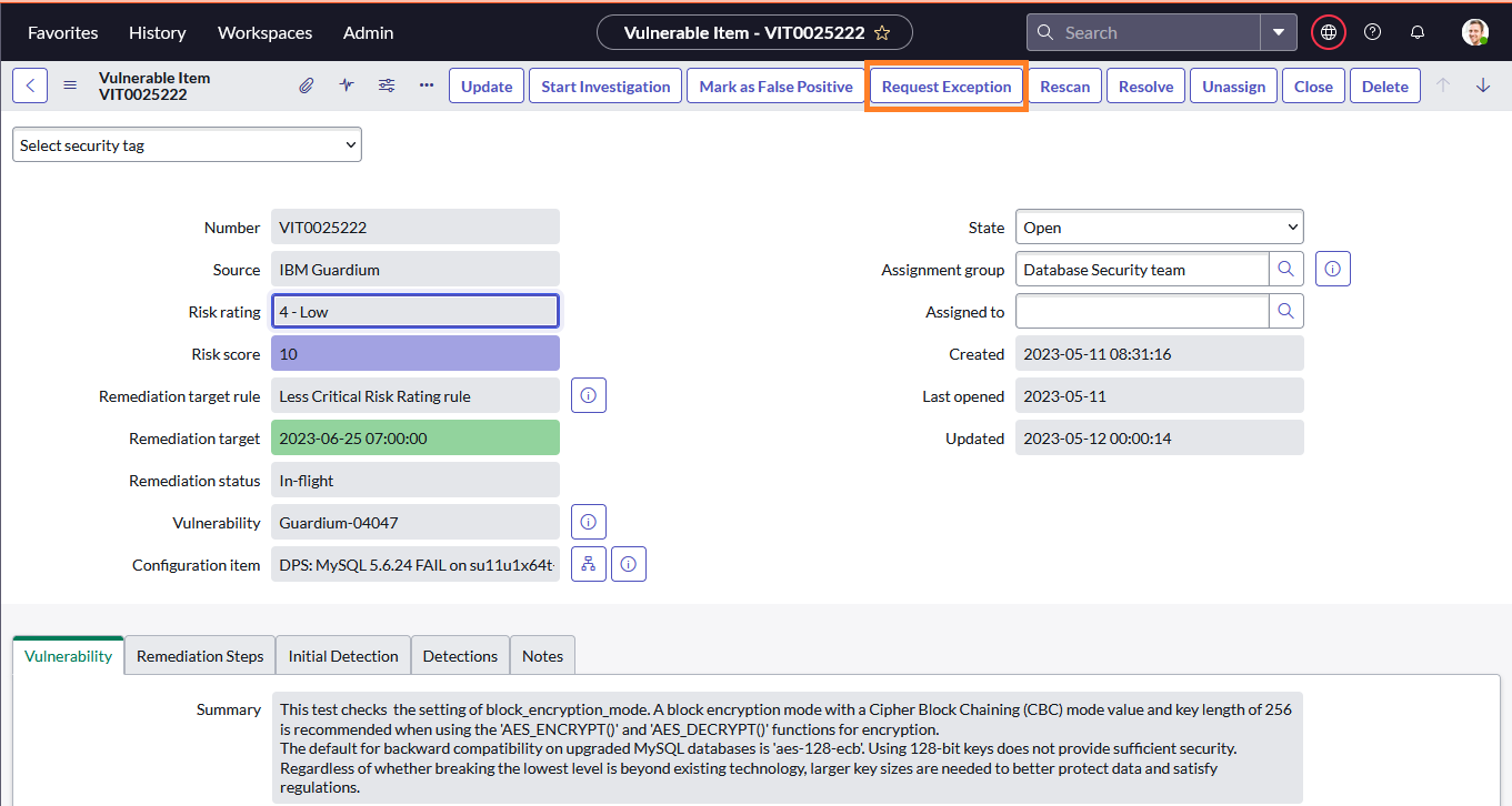 Feature request: Create Guardium test exception after ServiceNow ...