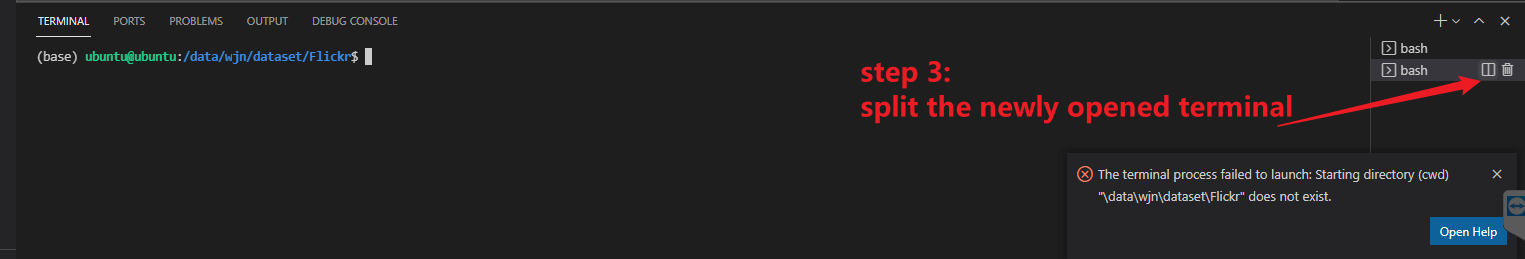 Failed to split the terminal created by "open in integrated terminal ...