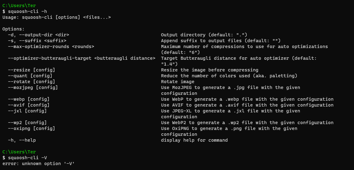 CLI misses the -V option · Issue #1254 · GoogleChromeLabs/squoosh · GitHub