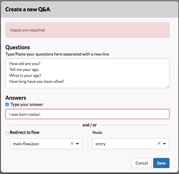 QnA module Reply with Redirect to flow only option 'Inputs are required' · Issue #494 · botpress ...