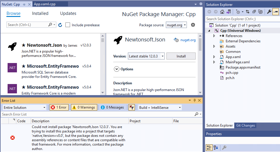 [Bug Bash] Package recommendor gave a wrong package-installing suggestion to C++ UWP project ...
