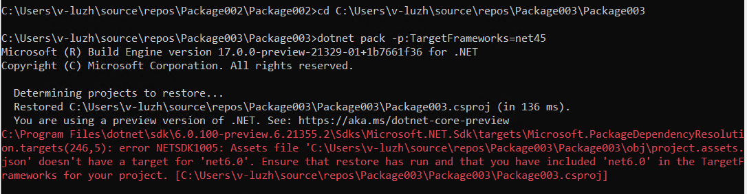 [Pack][Doc] A confused error shows when running “dotnet pack” with incorrect option “-p ...