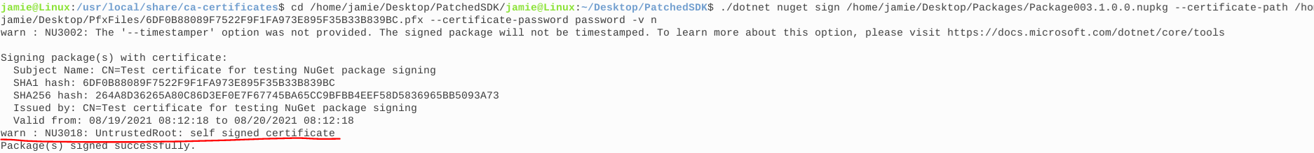 [Cross-platform Dotnet Nuget Sign] Unexpected warning “NU3018: UntrustedRoot: self signed ...